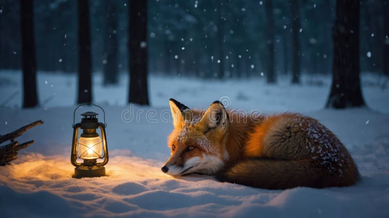 Red Fox Resting in Snowy Forest by Lantern Light at Night Stock ...