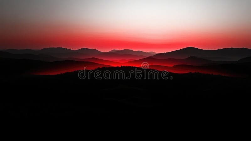 Serene Red Sunset Over Silhouetted Mountain Ranges Stock Photo - Image ...