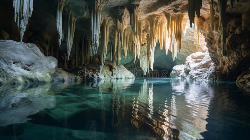 Serene Reflection of Cave Formations in Crystal Clear Pool Stock ...