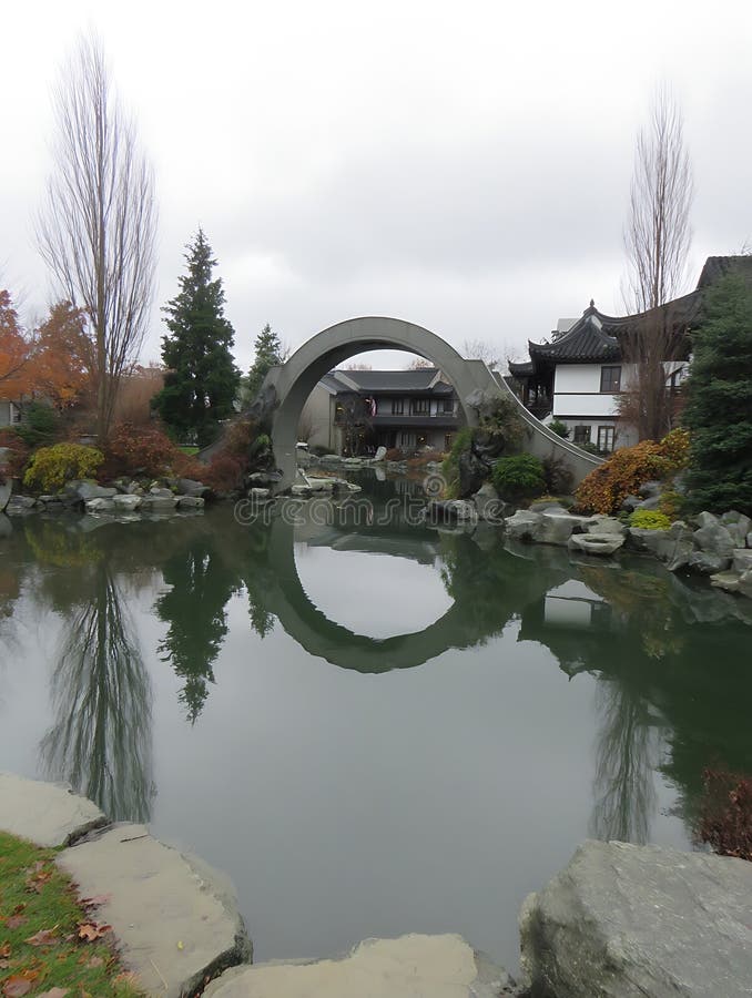 Serene Reflection a Circular Bridge and ChineseStyle Architecture ...