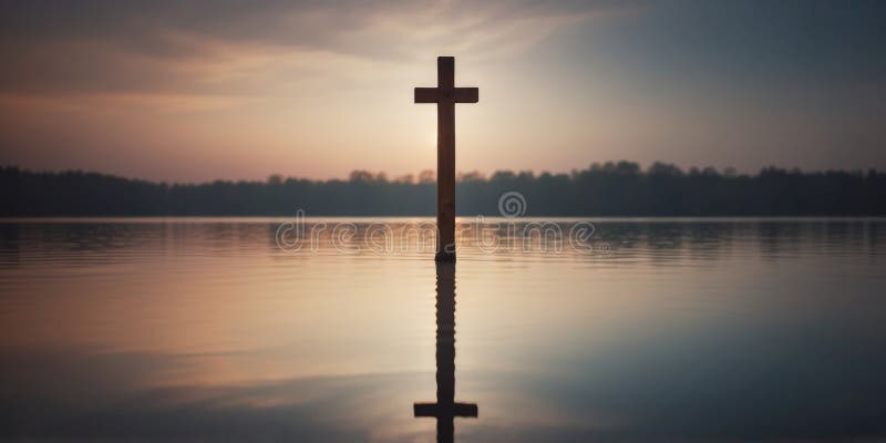 Serene Reflection of Cross on Peaceful Lake with Atmospheric Lighting ...