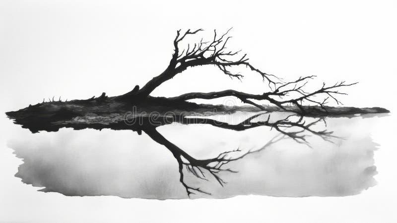 Serene Reflection of a Leafless Tree in Still Water Stock Illustration ...