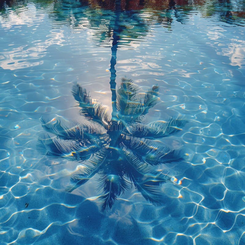 Serene Reflection: Palm Tree Mirrored in Calm Water, Perfect for Tropical and Beach-Themed ...