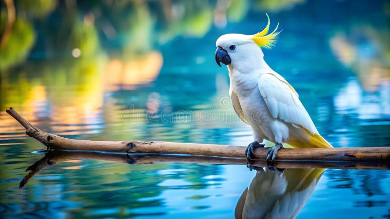 Serene Reflection A White Cockatoos Moment Of Tranquility By The Waters Edge Generative Ai Stock