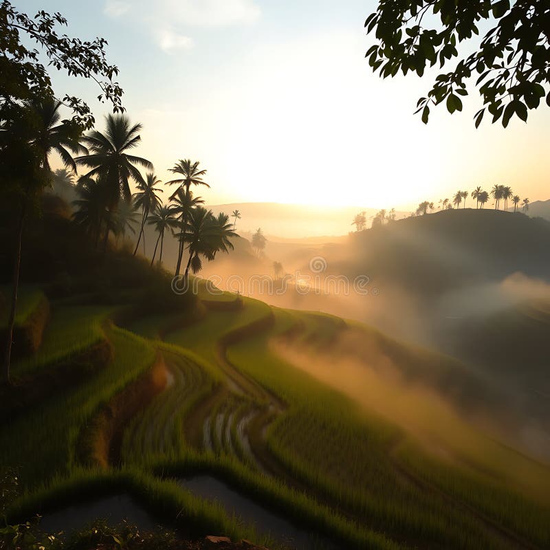Serene Rice Terraces in Bali at Dawn Stock Illustration - Illustration ...