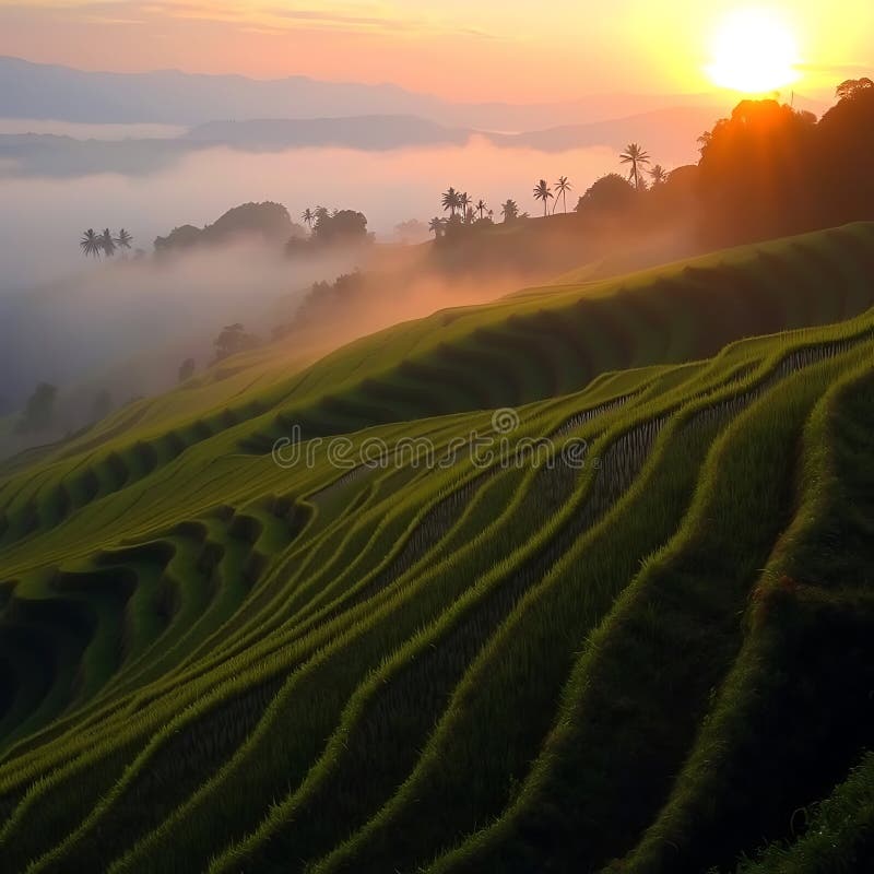 Serene Rice Terraces in Bali at Dawn Stock Illustration - Illustration ...