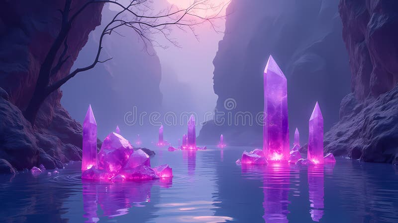 Serene River with Crystalline Structures in Purple Pink Light Stock ...