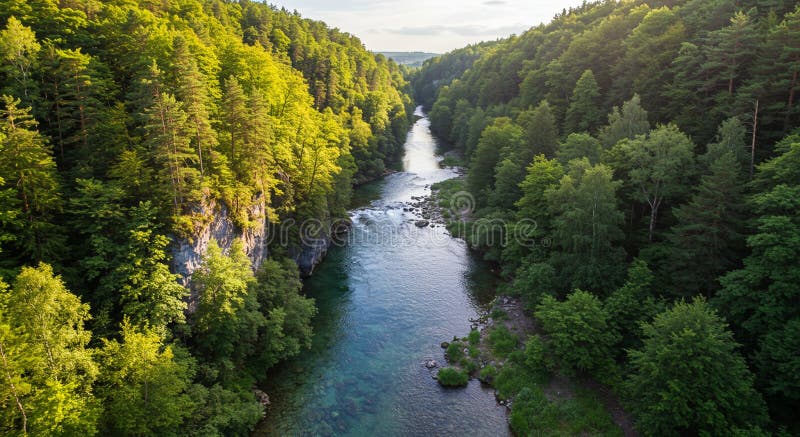 A Serene River Cuts through a Dense, Lush Forest, Flanked by Tall Trees ...
