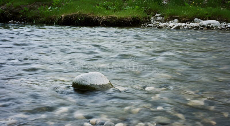 Serene River Flow with Single Rock in Focus Stock Illustration ...