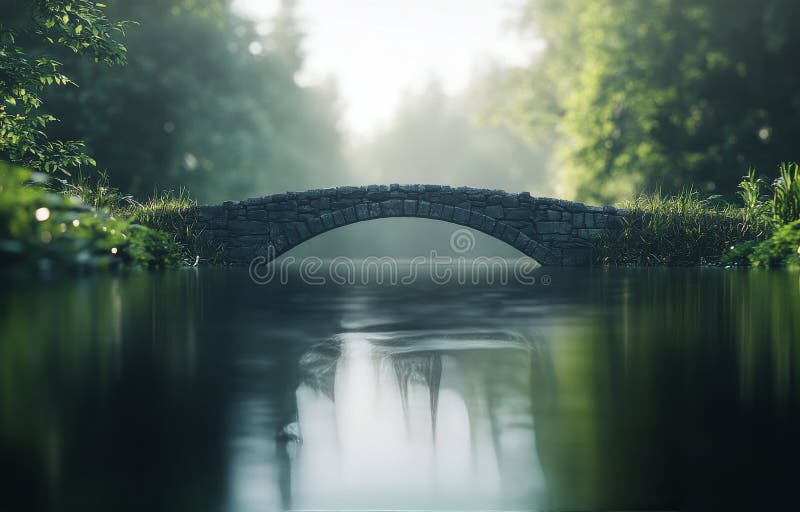 Serene River Flowing Under an Ancient Stone Bridge Surrounded by Lush ...