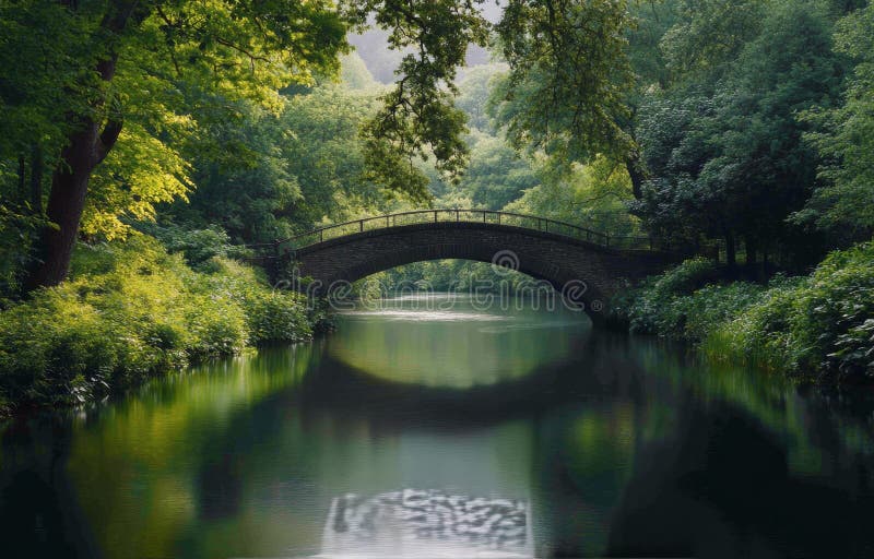 Serene River Flowing Under an Ancient Stone Bridge Surrounded by Lush ...