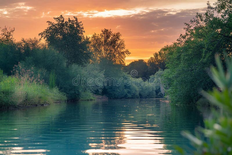 A River Runs through a Forest with Green Fields and Blue Water Stock ...