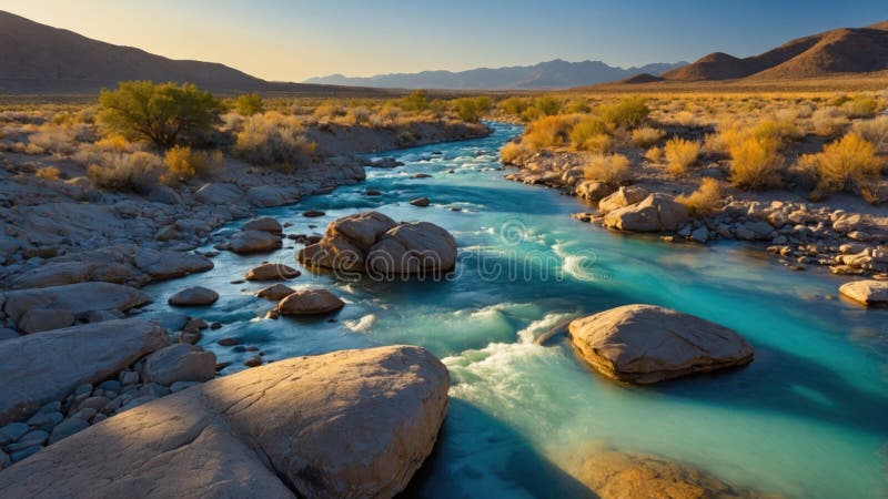 Serene Turquoise River Flowing through Rocky Desert Landscape at Sunset ...