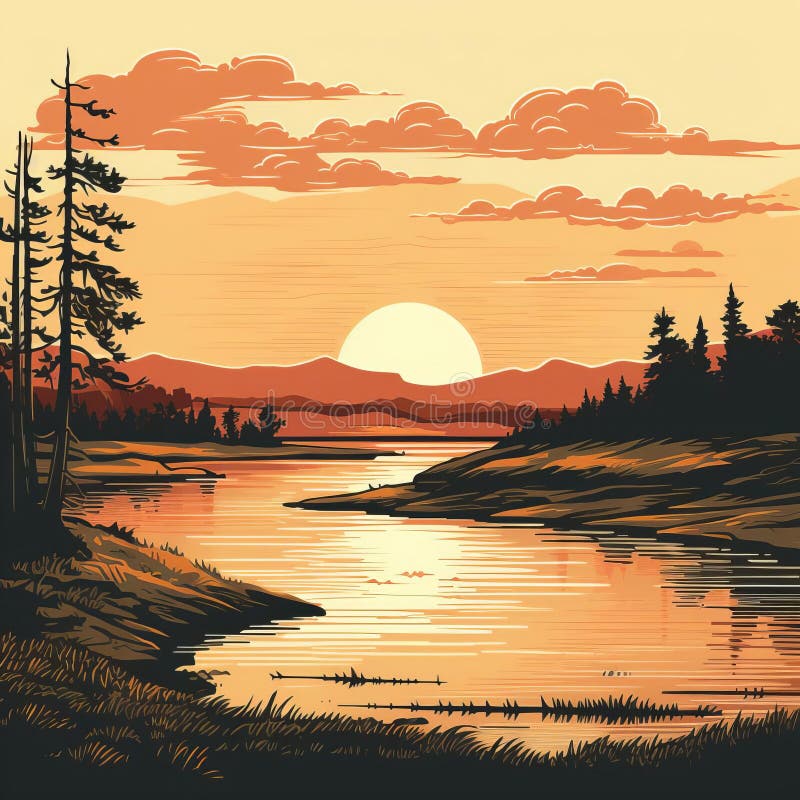 Vintage River Sunset Scene with White Background Design Stock ...