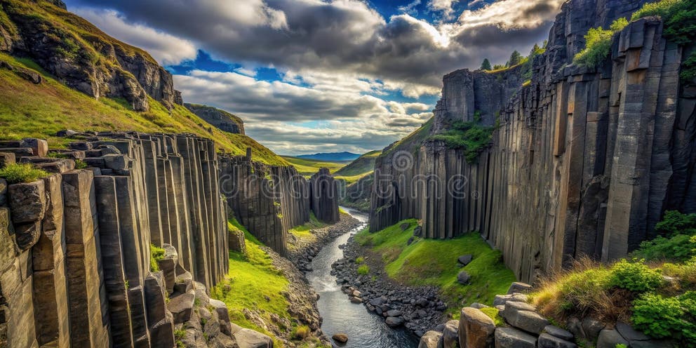 A Serene River Flows through a Gorge of Majestic Columnar Basalt Cliffs ...