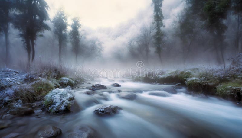 A Serene River Flows through Misty Rocks and Lush Greenery Under a Soft ...