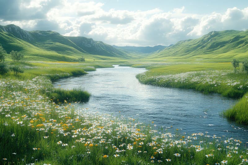 A Serene River Flows through a Picturesque Valley Surrounded by Lush ...
