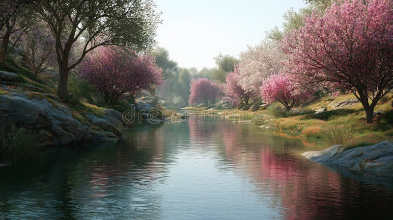 River Landscape with Blooming Trees Stock Illustration - Illustration ...