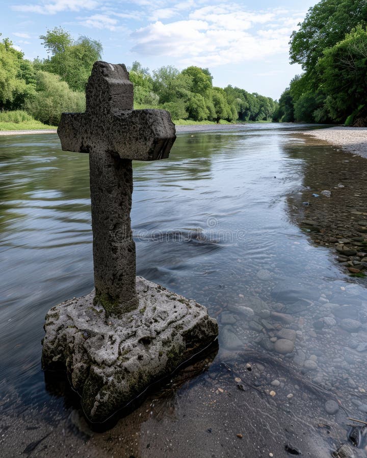 Serene River Landscape with Moss-covered Cross Stock Illustration ...