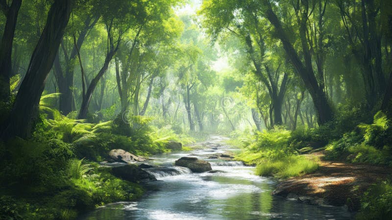 Serene River through Lush Green Forest Stock Illustration - Illustration of fresh, tranquility ...