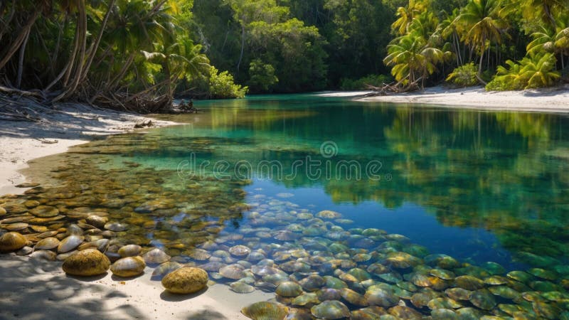 Serene Tropical Lagoon with Clear Water and Seashells on Sandy Beach ...