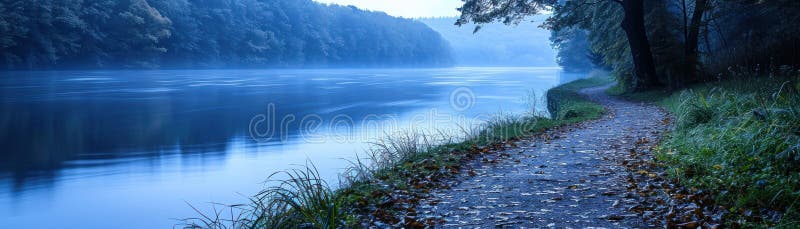 Serene River Scene with Misty Morning Fog and Lush Greenery Stock Photo ...