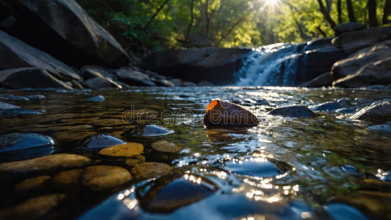 Serene Waterfall Creek with Sunlit Stones and Smooth River Rocks Stock ...