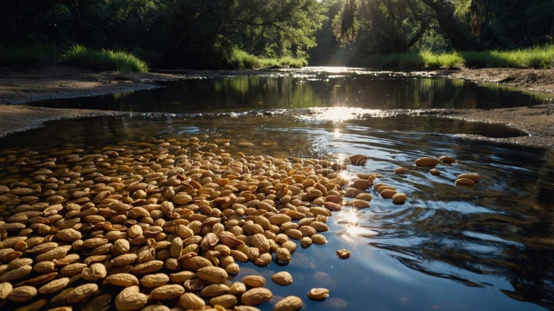 Golden Almonds Soaking in a Tranquil River at Sunset Stock Illustration ...
