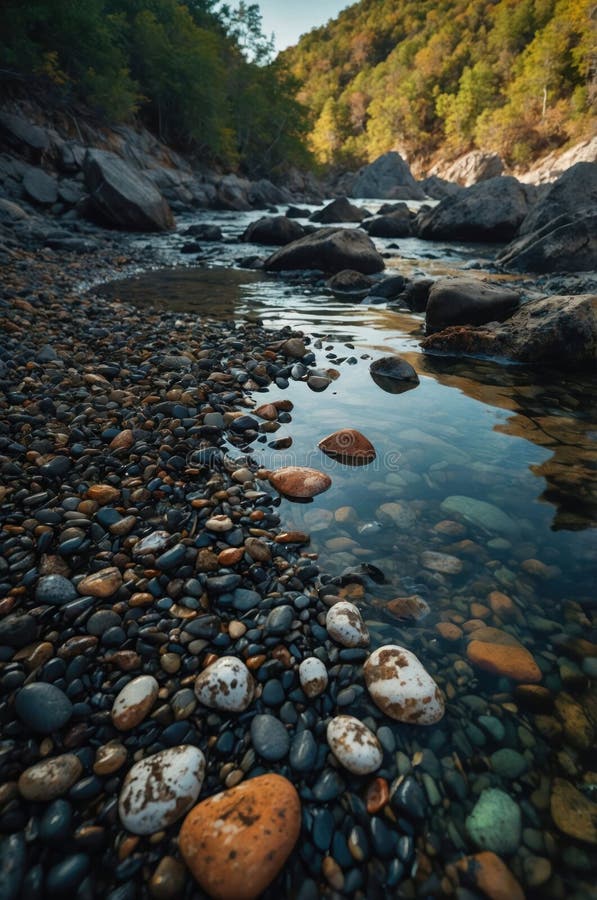 Serene River Pebbles: Tranquil Stream Scene with Smooth Stones Stock ...