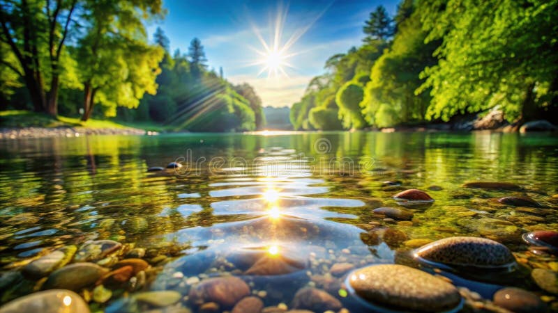 Serene River Scene Sunlight Reflecting on Clear Water and Smooth River ...
