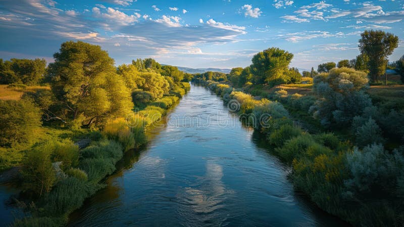 A Serene River Scene Surrounded by Lush Greenery and a Clear Sky Stock ...