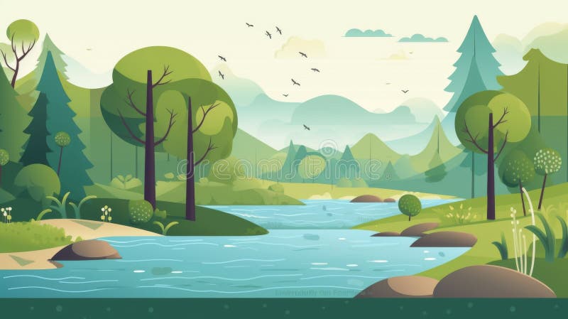 Serene River in Stylized Landscape Stock Illustration - Illustration of ...