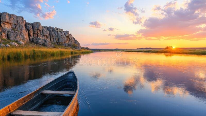 Serene River at Sunset with Boat and Rocky Cliffs Stock Illustration ...