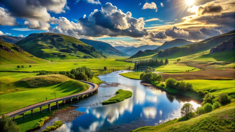 Serene River Valley Landscape with Bridge and Rolling Green Hills Under ...