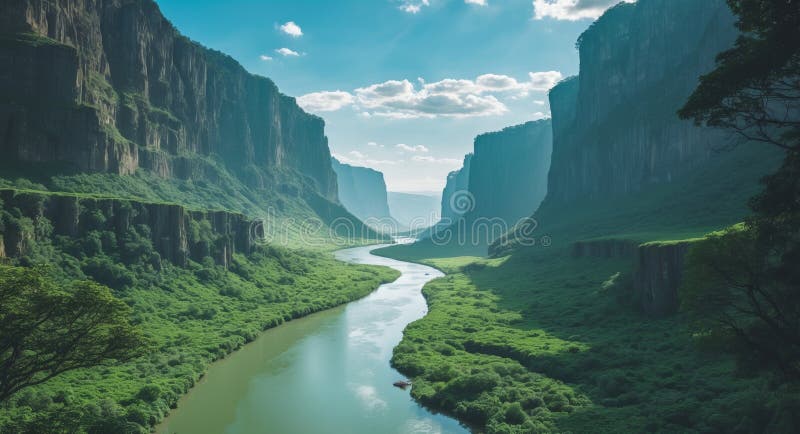 Serene River Valley with Lush Greenery and Towering Cliffs Under a ...