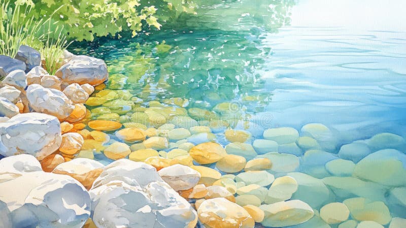 Serene Riverbank Rocks and Clear Water Scene Stock Illustration ...
