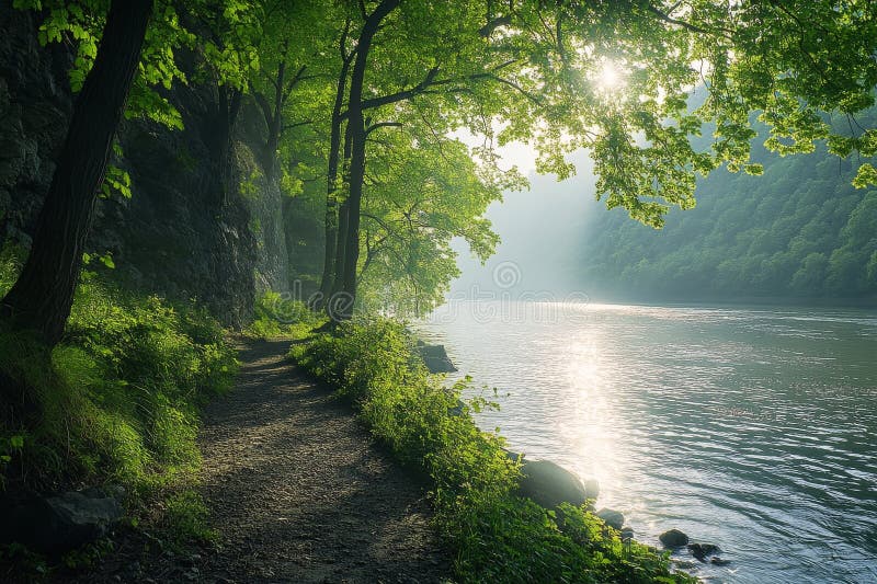A Serene Riverside Path with Lush Greenery and Sunlight Shining through ...
