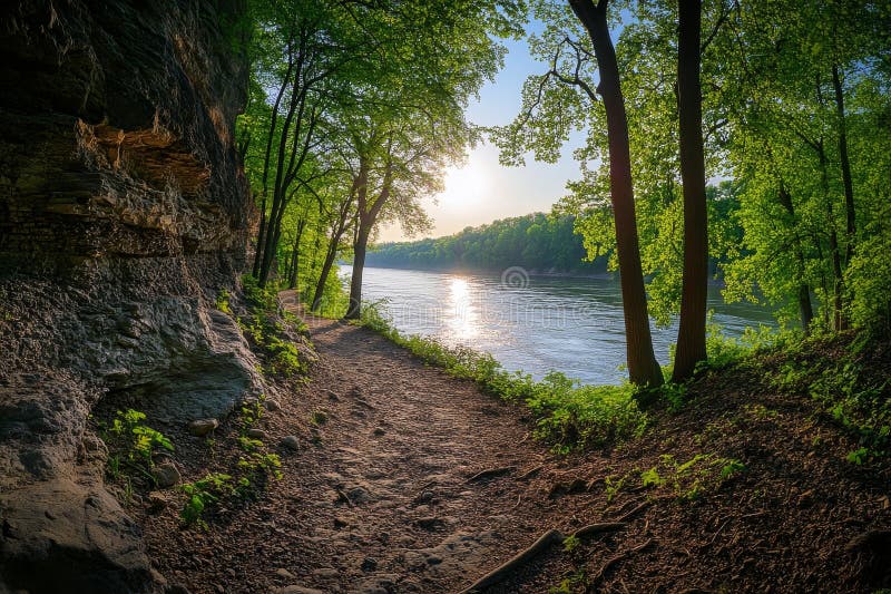 A Serene Riverside Path with Lush Greenery and Sunlight Shining through ...
