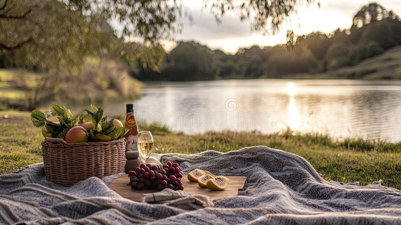 A Serene Riverside Picnic Setup with a Blanket, a Basket, and Fresh ...