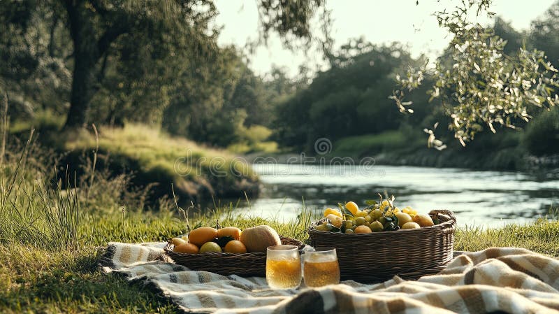 A Serene Riverside Picnic Setup with a Blanket, a Basket, and Fresh ...