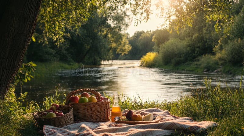 A Serene Riverside Picnic Setup with a Blanket, a Basket, and Fresh ...