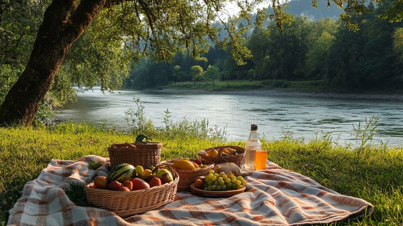A Serene Riverside Picnic Setup with Blankets, Baskets, and Fresh Stock ...