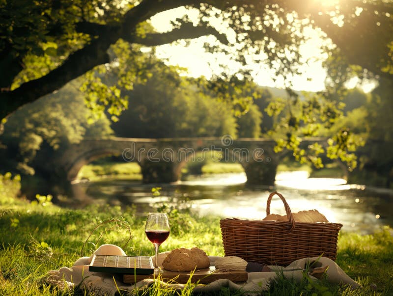 Serene Riverside Picnic at Sunset Stock Photo - Image of river ...