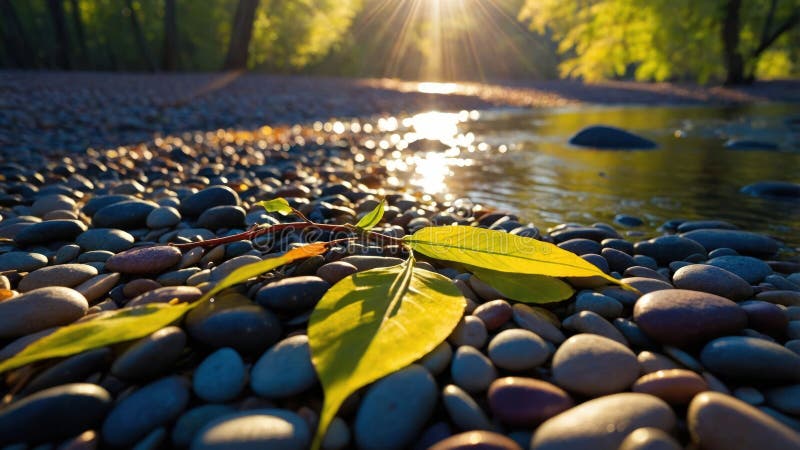 Golden Leaf on River Rocks at Sunset Stock Illustration - Illustration ...