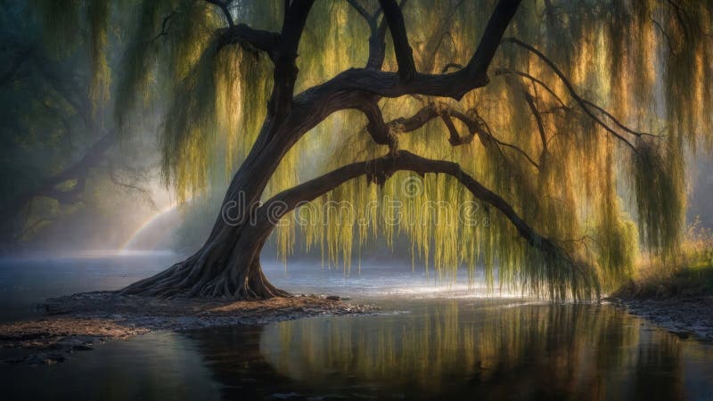 Majestic Weeping Willow Over Calm River at Sunrise Stock Illustration ...