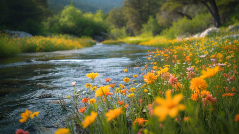 A Serene Riverside Scene with Vibrant Wildflowers in Bloom Stock Photo ...