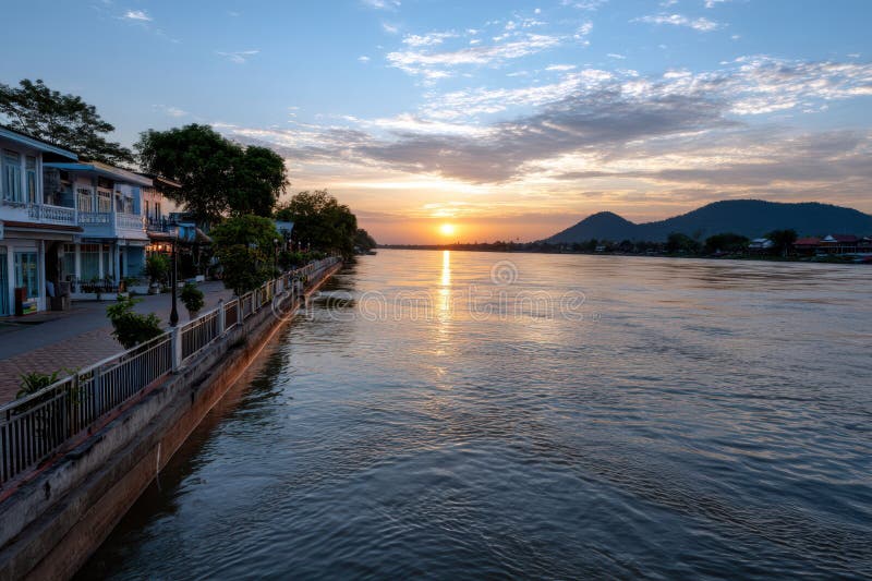 Serene Riverside Sunset with Mountains in Background, Reflecting on ...