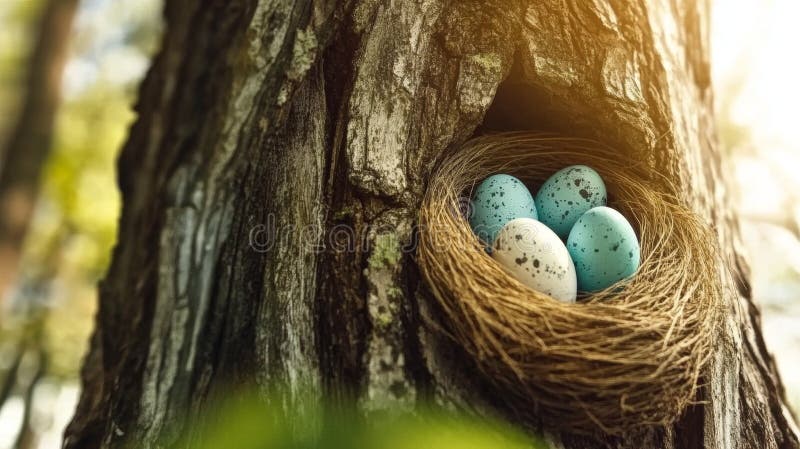 Robin S Nest in a Tree with Pastel-colored Easter Eggs and Real Bird ...