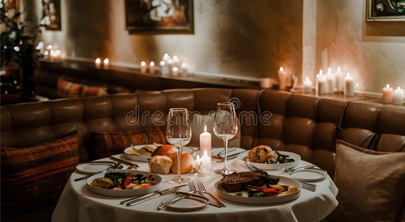 Serene Romance: an Intimate Dinner Setting in a Dimly Lit Restaurant ...
