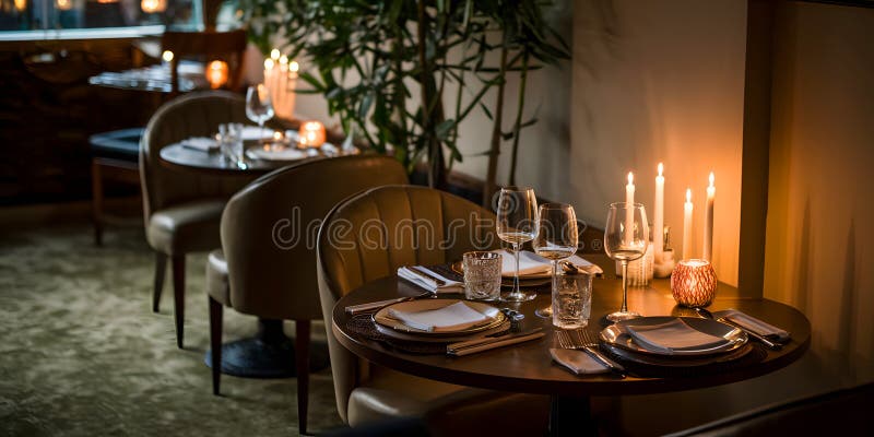 Serene Romance: an Intimate Dinner Setting in a Dimly Lit Restaurant ...